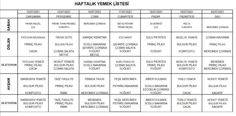 YEMEK LİSTESİ VE YEMEKHANE